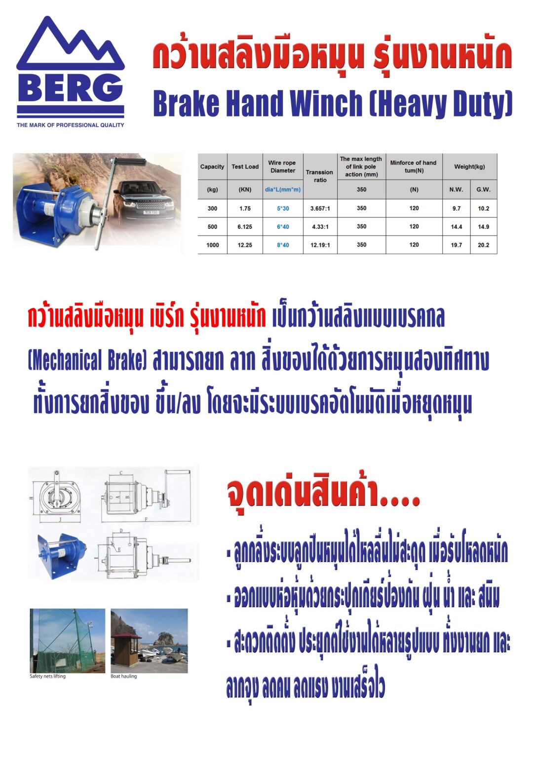 กว้านสลิงมือหมุน รุ่นงานหนัก BERG ทั้งยกและลากจุง - ThaiTool